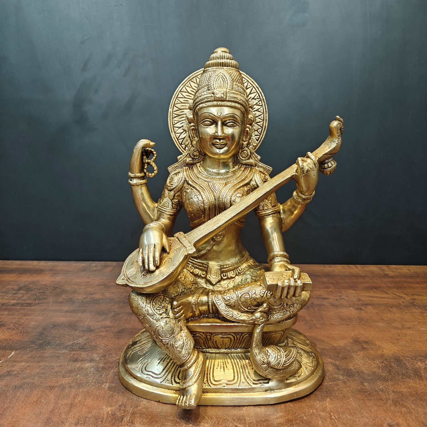 Brass Goddess Saraswati Idol Playing With Veena 15 Inches – StatueStudio