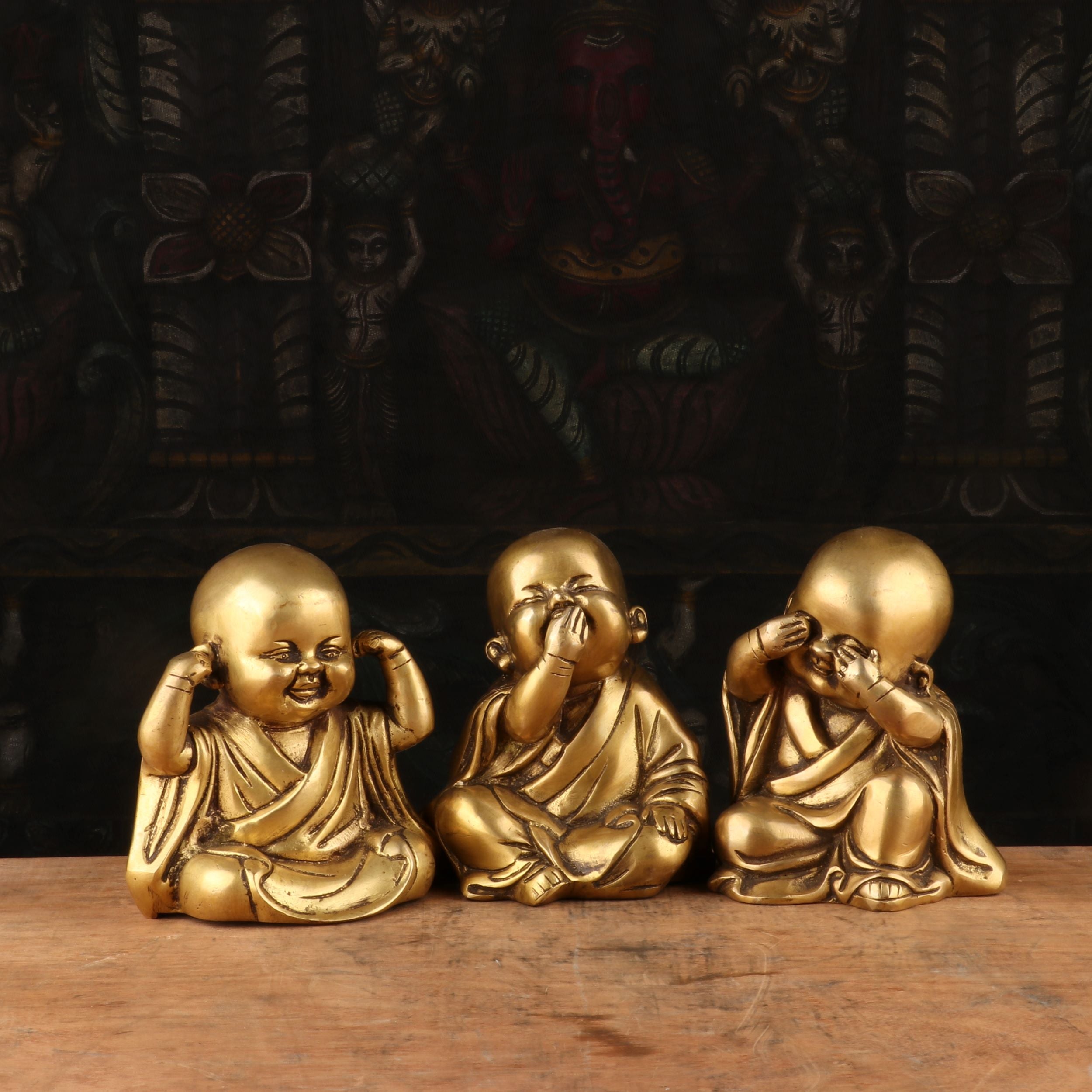 Brass Set of 3 Baby Laughing Buddha Monks 5'' – StatueStudio