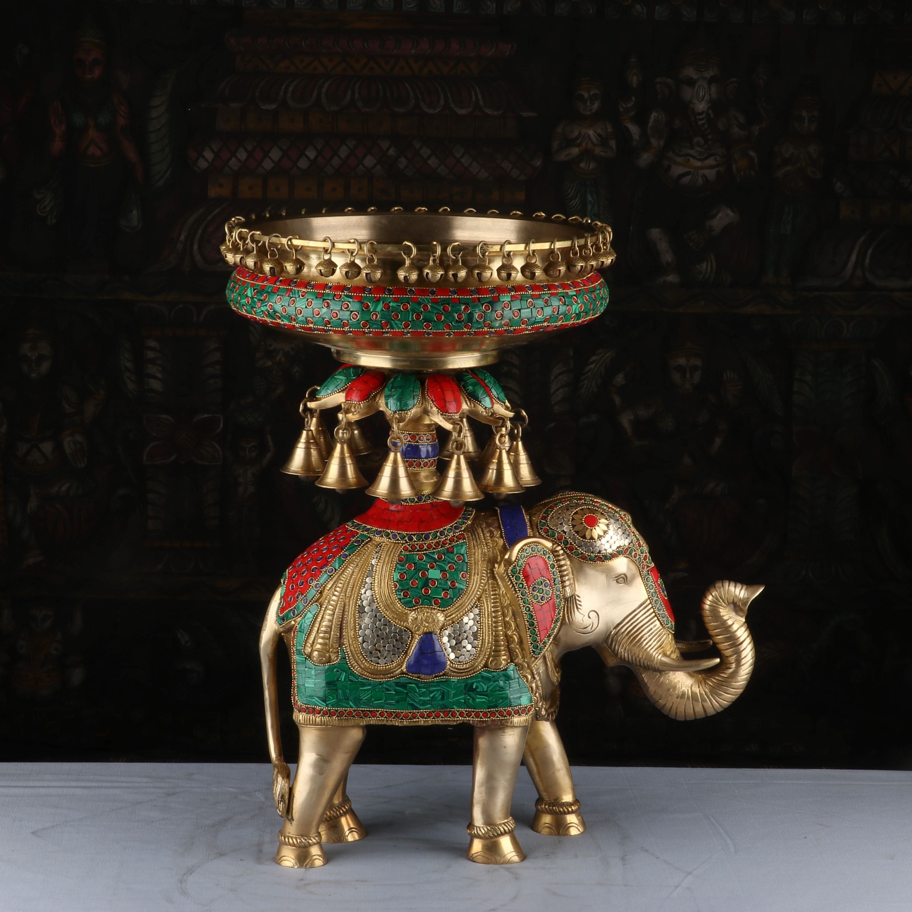 Brass Large Urli South Indian With Elephant Stand Stone Work For Home ...