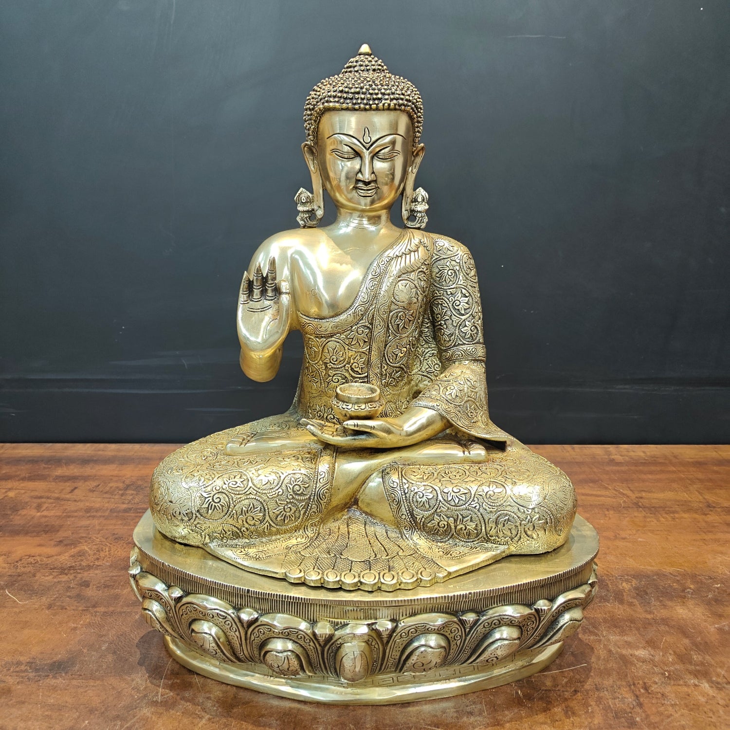 Brass Blessing Buddha Statue With Flower Carving 2 Feet – StatueStudio