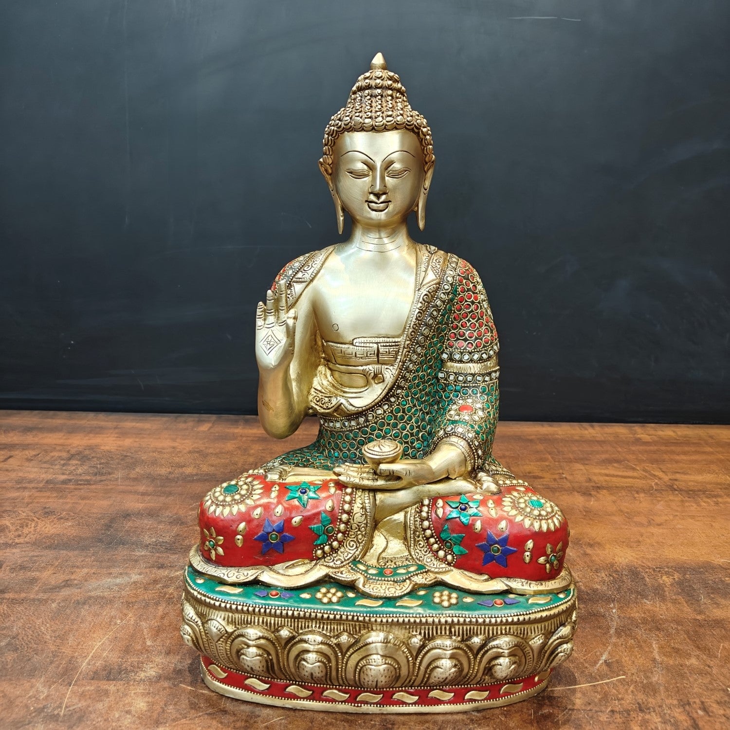 Brass Blessing Buddha Statue With Stone Work 16 Inch – StatueStudio