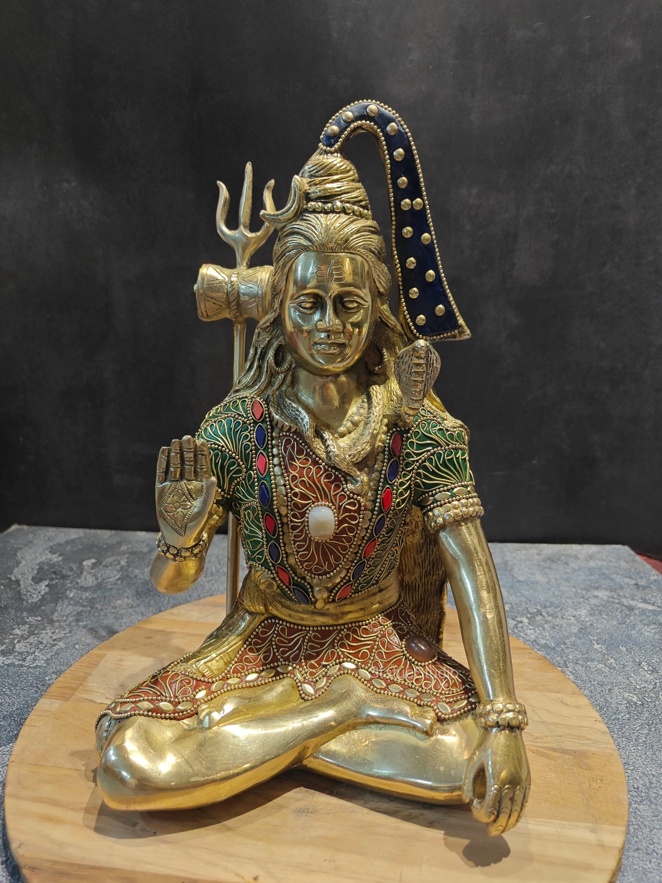 Brass Blessing Lord Shiva Statue With Stone Work 1 Feet