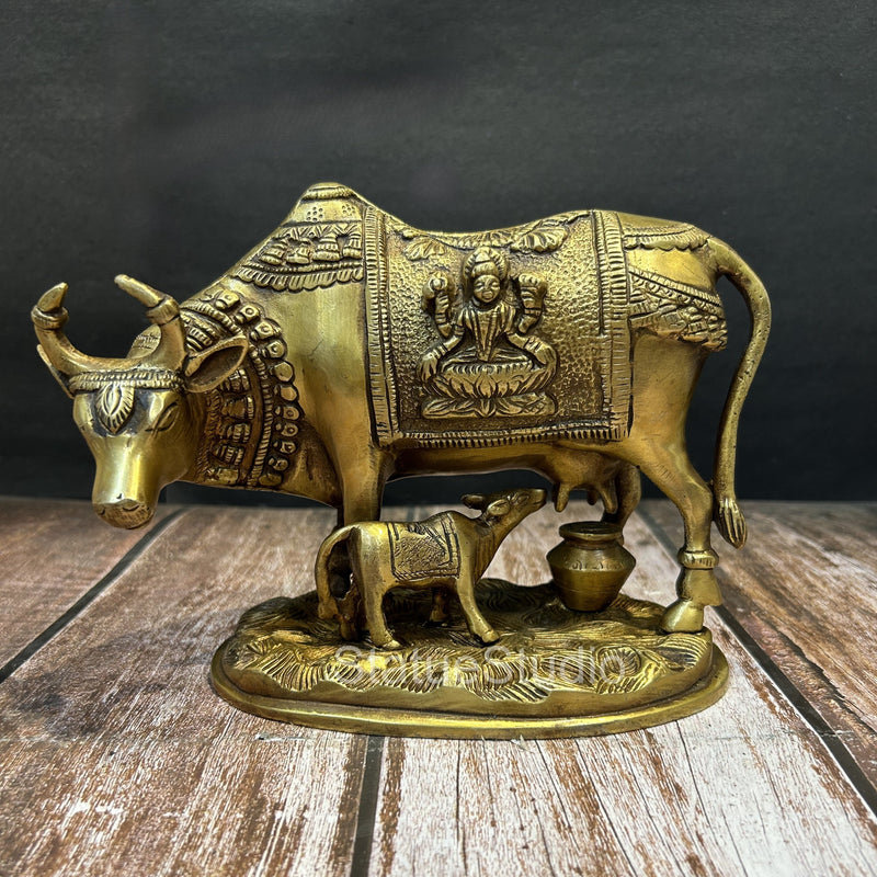 Brass Cow With Calf Idol Lakshmi Ganesha Engraved For Home Decor ...