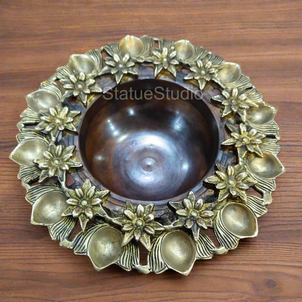 Brass Designer Urli With Flowers And Diya For Decor And Gifting 10 ...