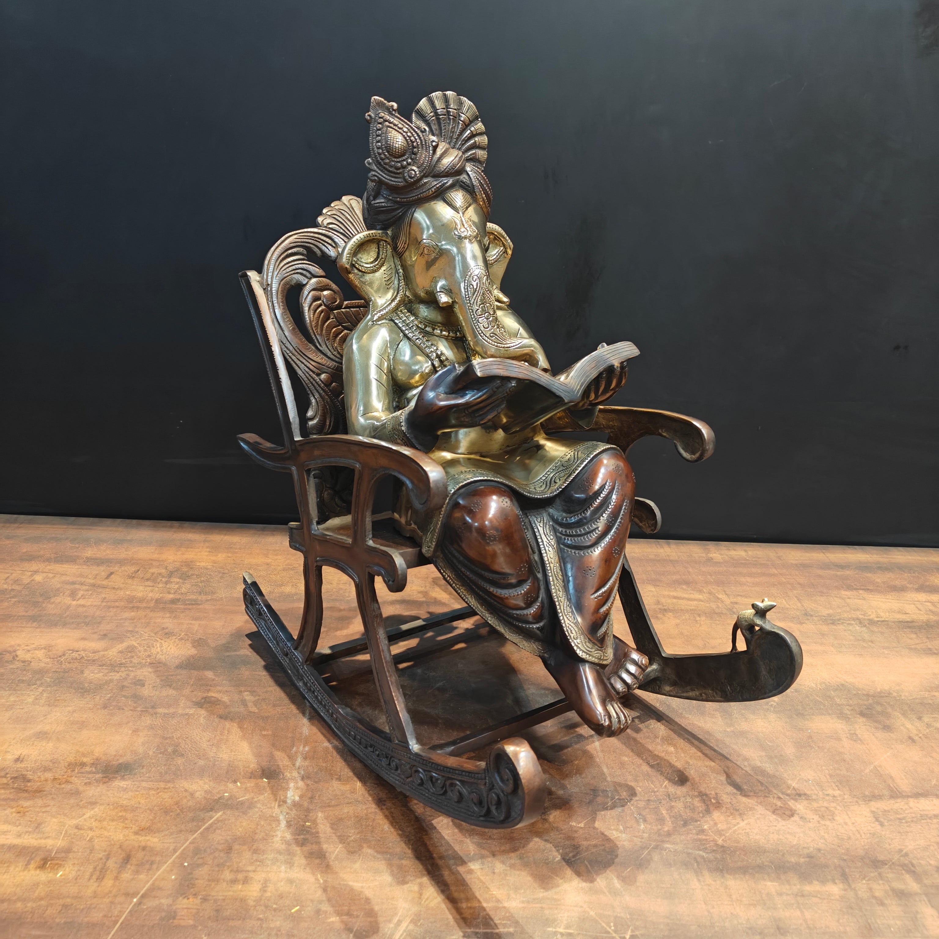 Brass Ganesha Idol Reading Book On Rocking Chair Antique Finish 2 Feet ...