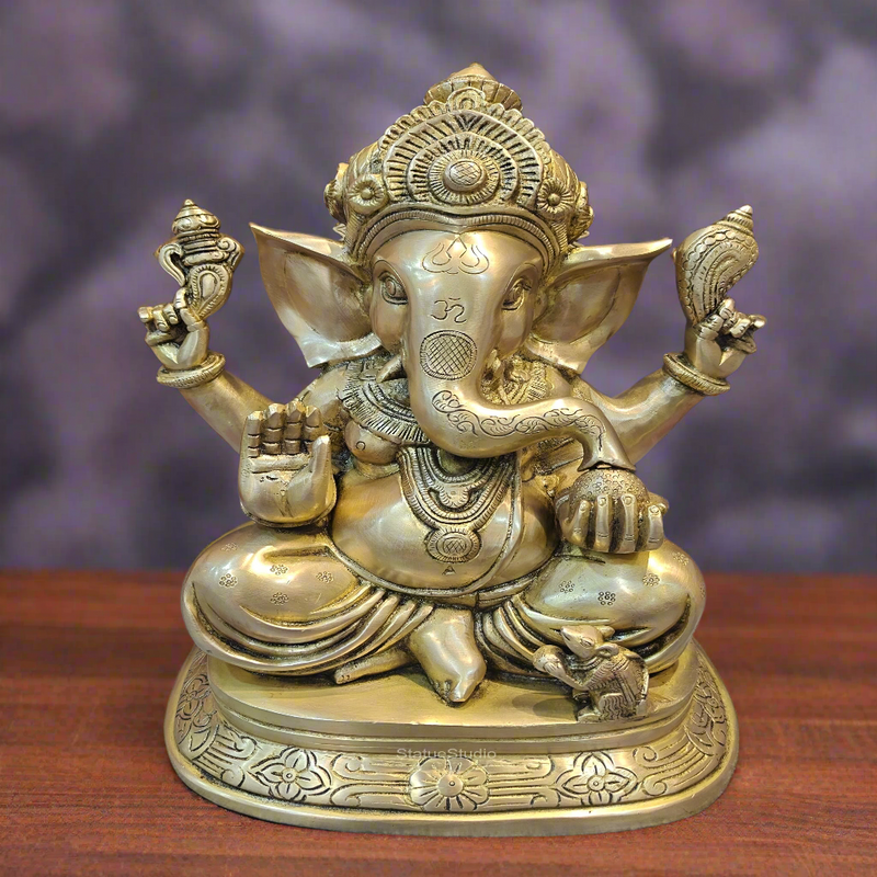 Brass Ganesha Idol Sitting on Base Handcrafted 16 Inches 463179