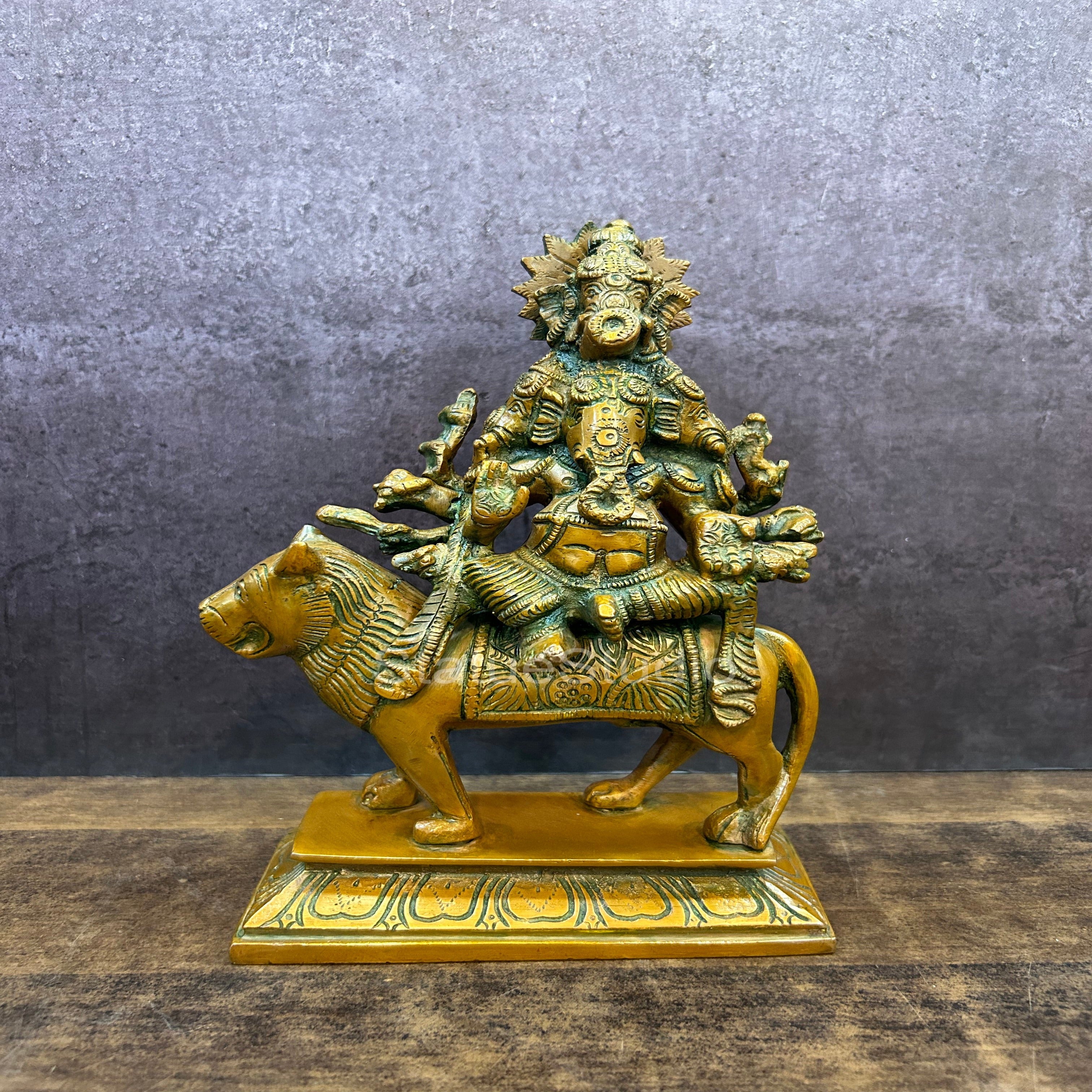 Brass Heramba Ganesha Statue Seated on Lion Copper Patina Finish 9 ...
