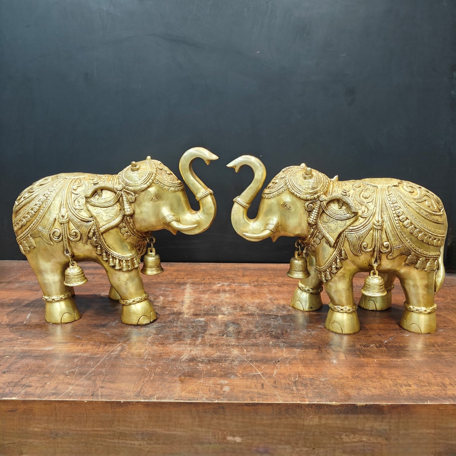 Brass Large Engraved Elephant Pair Statue With Bells Figurine Golden F ...