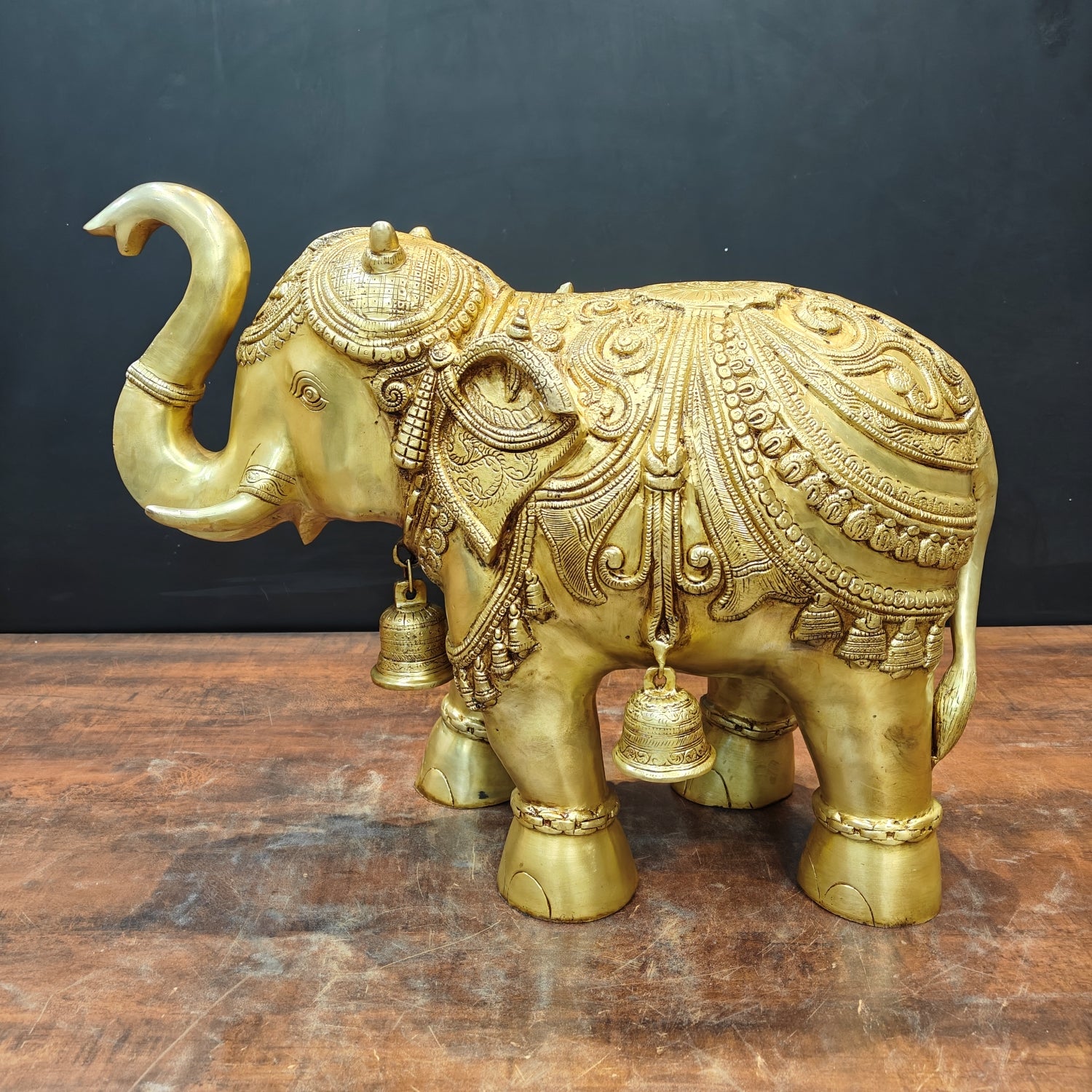 Brass Large Engraved Elephant Statue With Bells Figurine Golden Finish ...