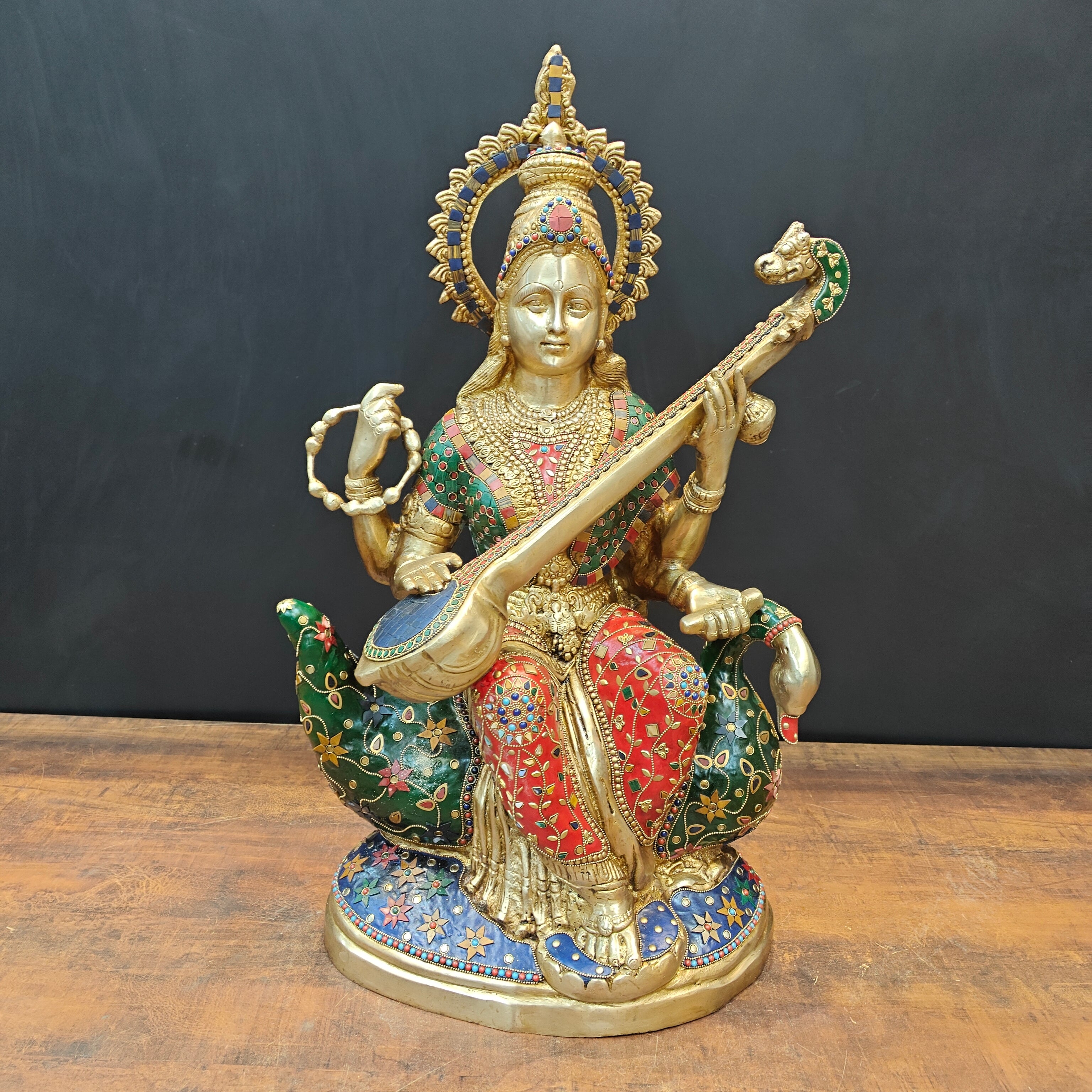 Brass Large Saraswati Idol On Swan Playing Veena Stone Work 28 Inch ...