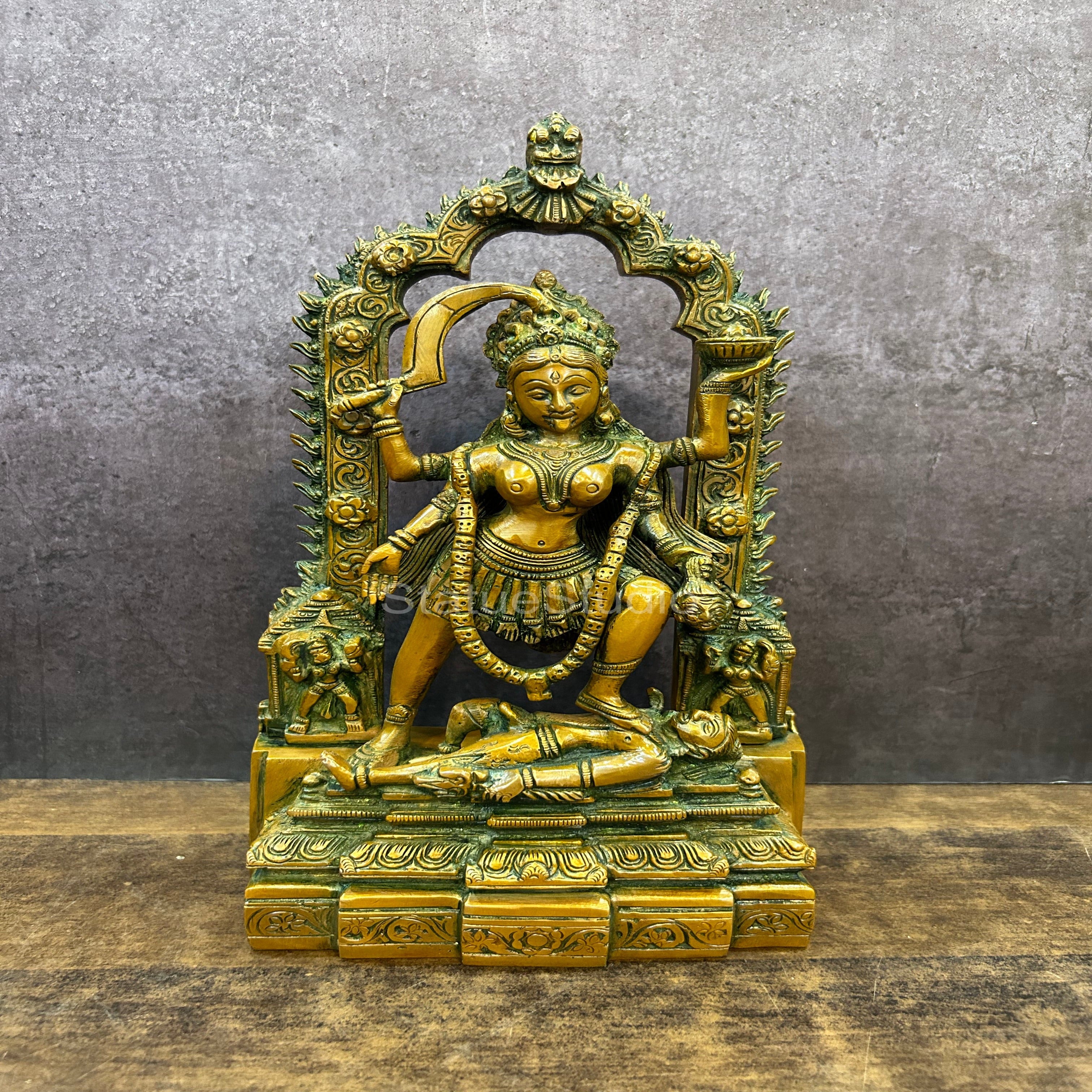 Brass Maa Kali Statue With Temple Arch Copper Patina Finish For Home D ...