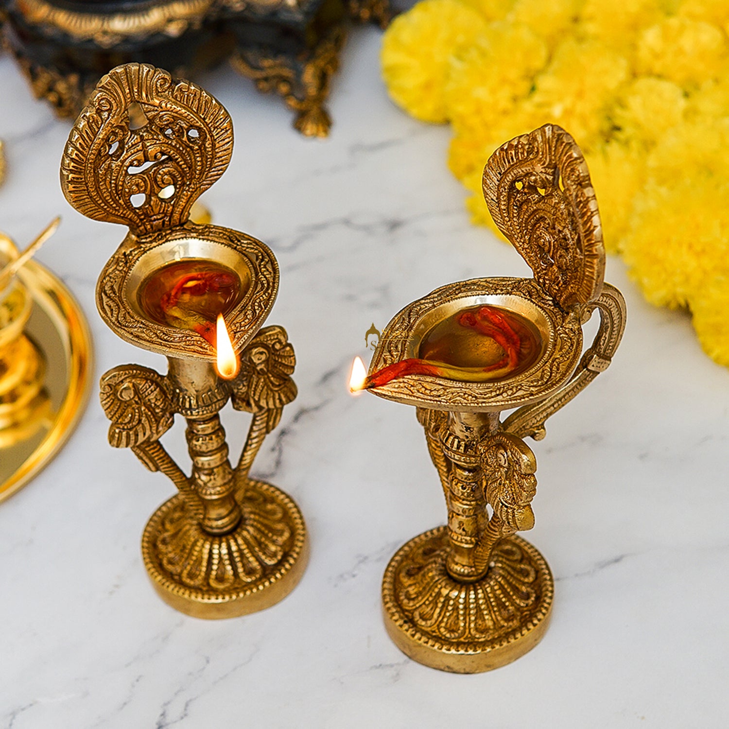 Brass Oil Lamp Diya Pair For Home Temple Religious Decor Showpiece 8 I ...