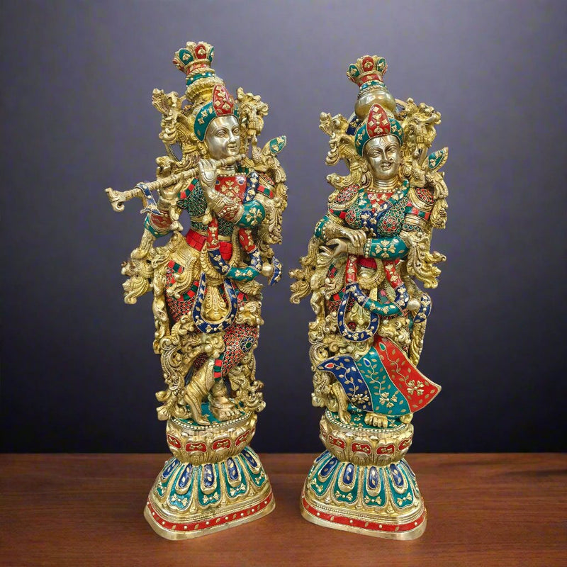 Brass Radha Krishna Idols with Meenakari jewel work - 29" Tall 463189