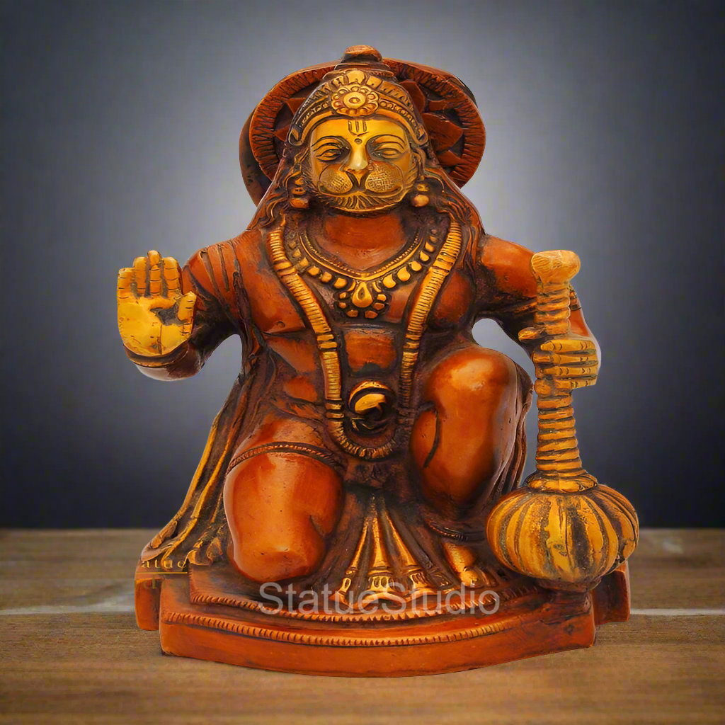 Brass Sitting Hanuman Idol Antique Finish For Home Decor 7" – StatueStudio