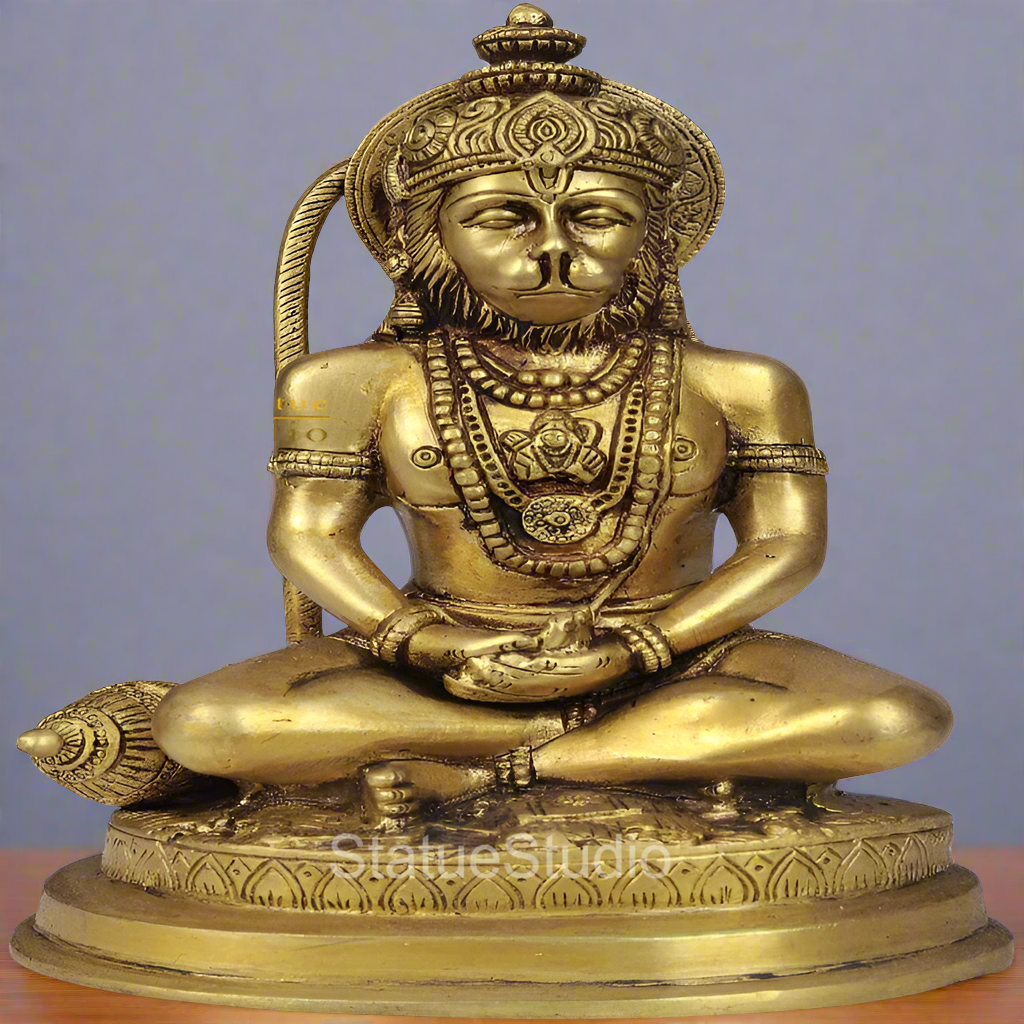 Brass Sitting Hanuman Idol For Home Decor Showpiece 7" – StatueStudio