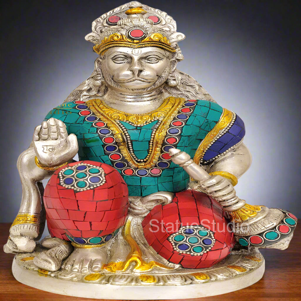 Brass Sitting Hanuman Statue Stone Work For Home Decor 9" – StatueStudio