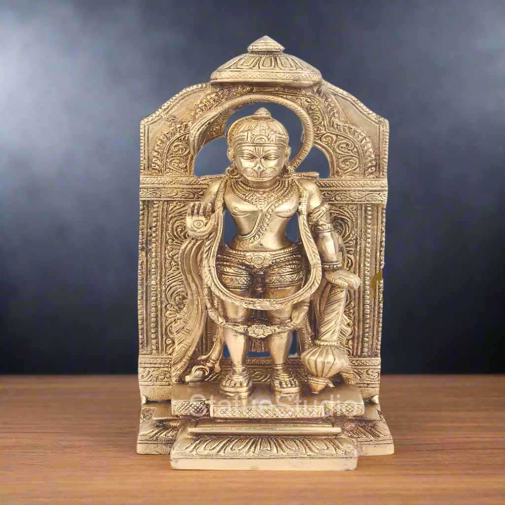 Brass Standing Hanuman Idol With Temple Arch For Home Decor 9"