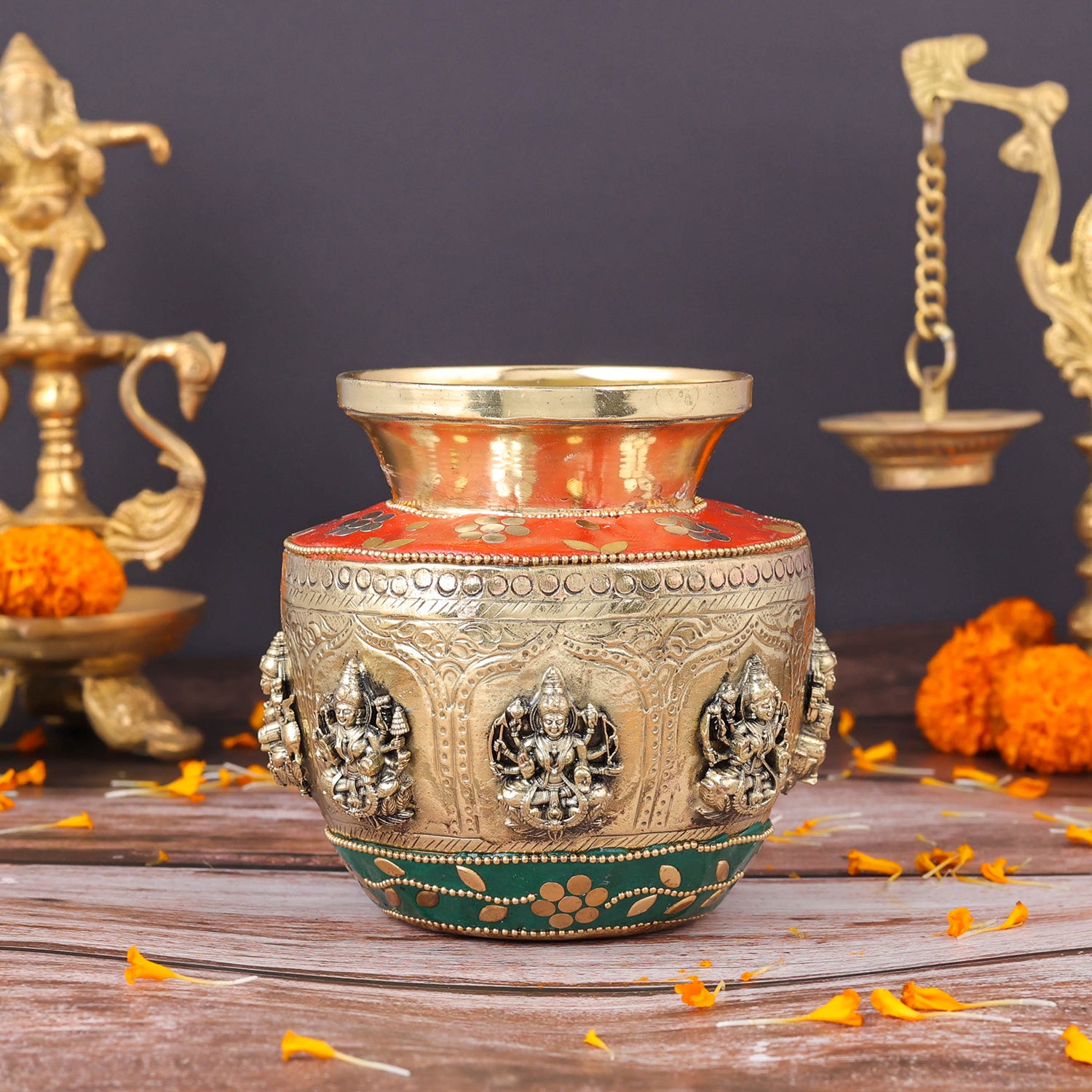 Brass Superfine Ashtalakshmi Ritual Kalash Inlay Work 5 Inch – StatueStudio