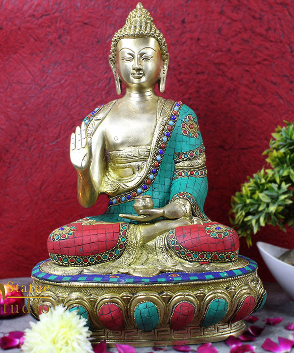 Brass Buddhist Deity Blessing Buddha Sitting On Base Inlay Work 18 ...