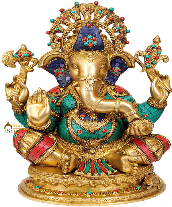 Large Size Turquoise Coral Fancy Brass Statue Lord Shri Ganesha With B ...