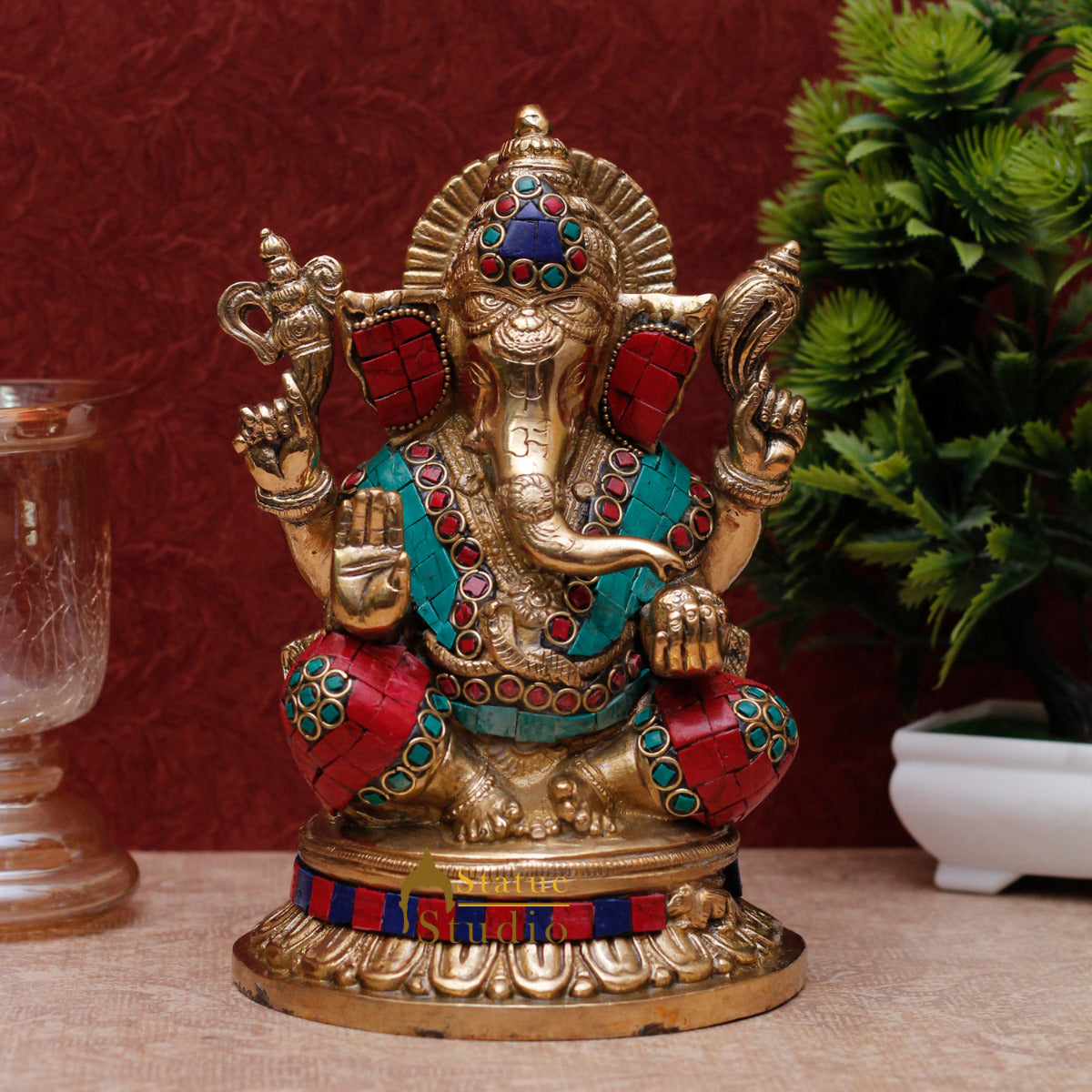 Brass Sitting Ganpati Idol Religious Multicolor Stone Work For Home De ...