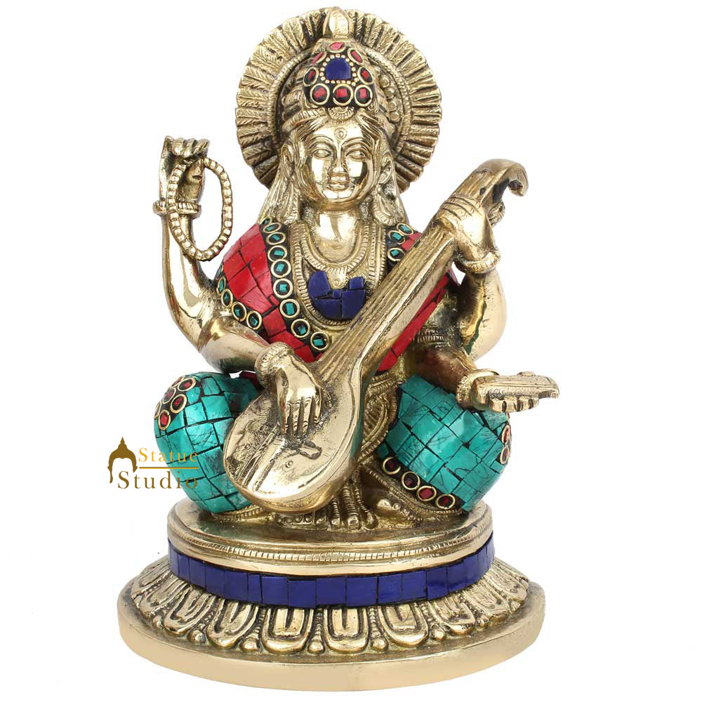 Hindu Sitting Goddess Saraswati Colorful Inlay Murti Lucky Décor Gift ...