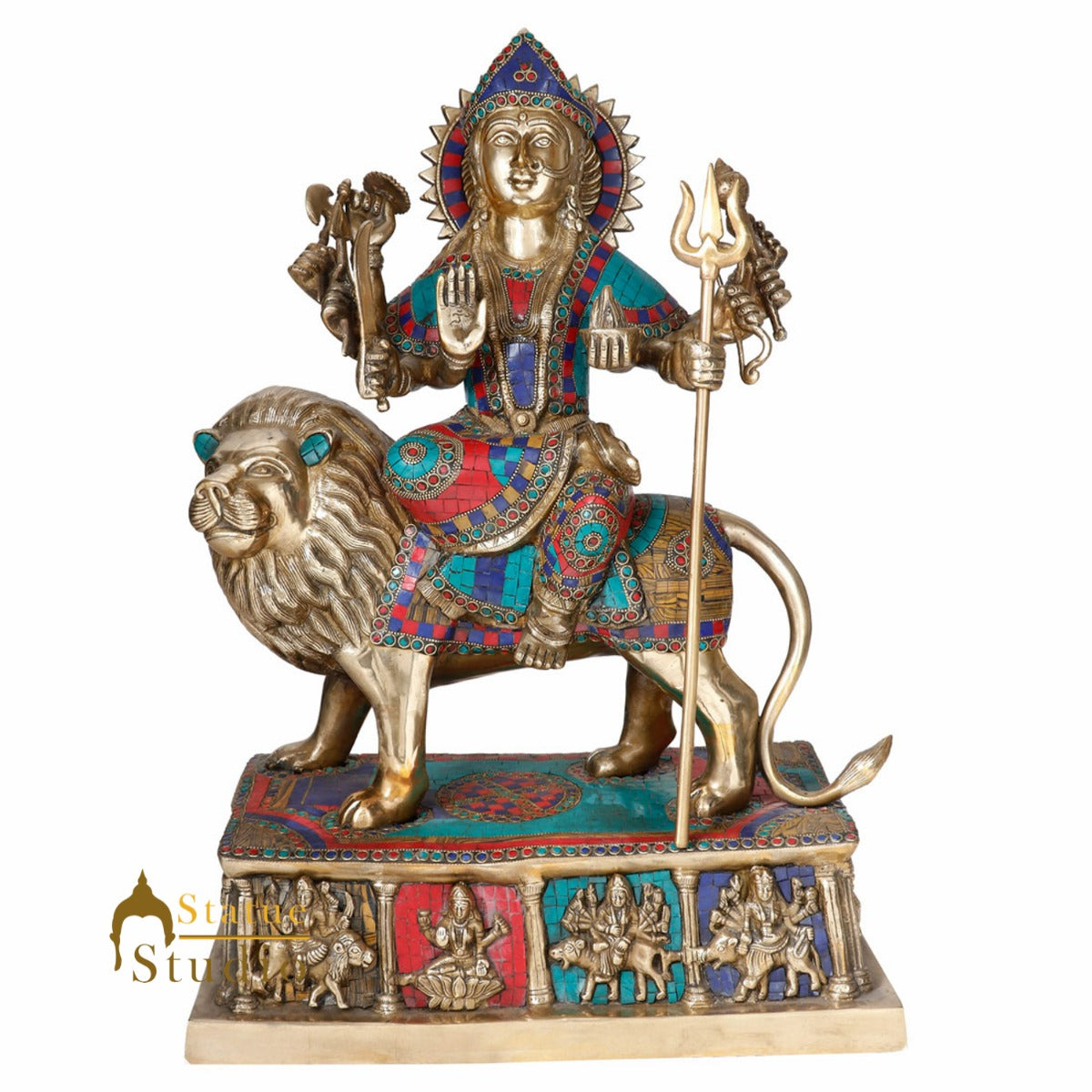 Brass Hindu Goddess Durga Sherawali With Lion Statue Temple Inlay Idol ...