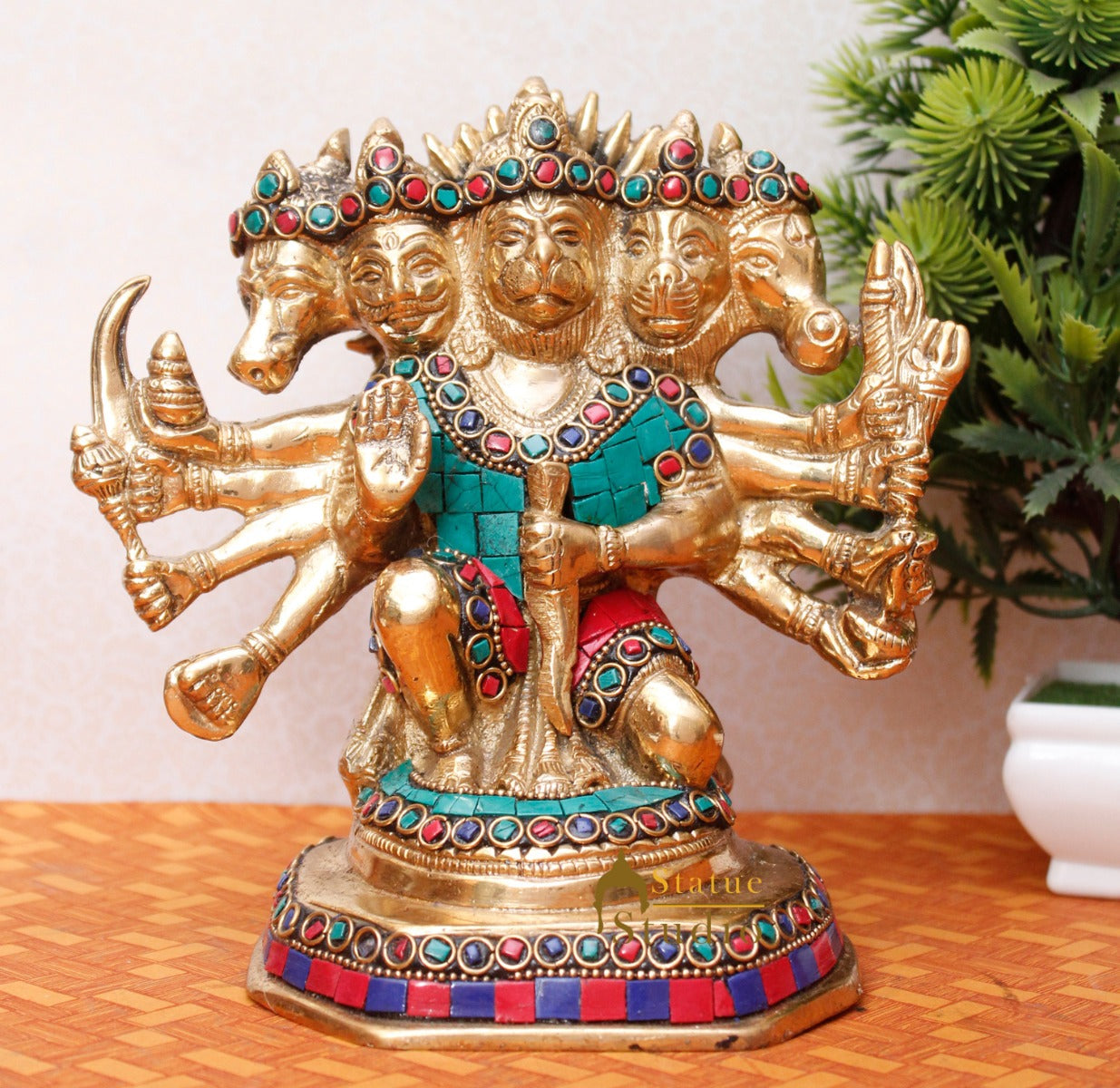 Brass Pawanputra Five Headed Panchmukhi Hanuman Inlay Décor Gift Statu ...