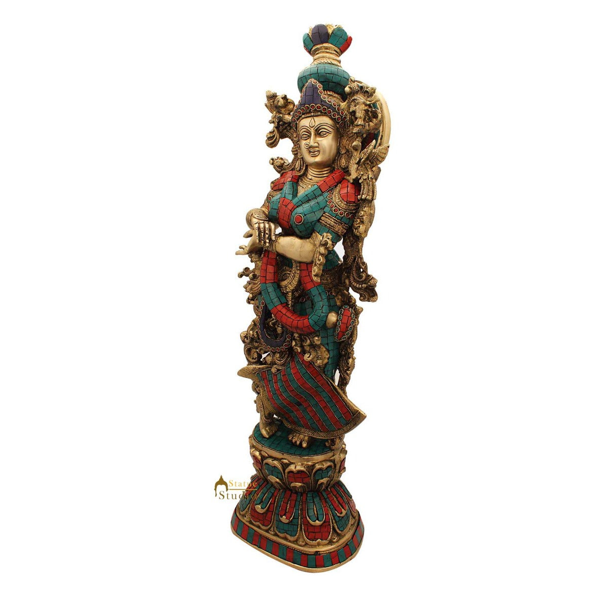 Brass hindu goddess radha statue antique turquoise religious room décor 29"