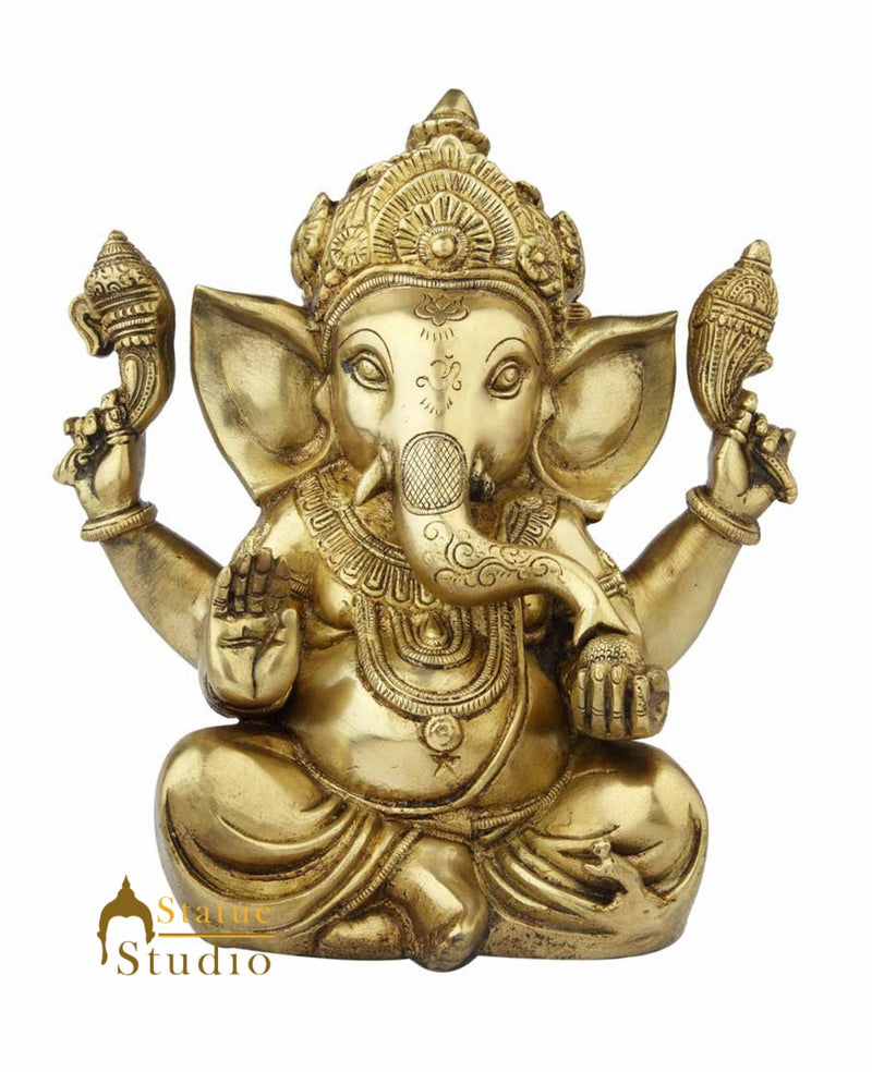 Brass ganesha murti sitting statue hindu gods idol sculpture 10"