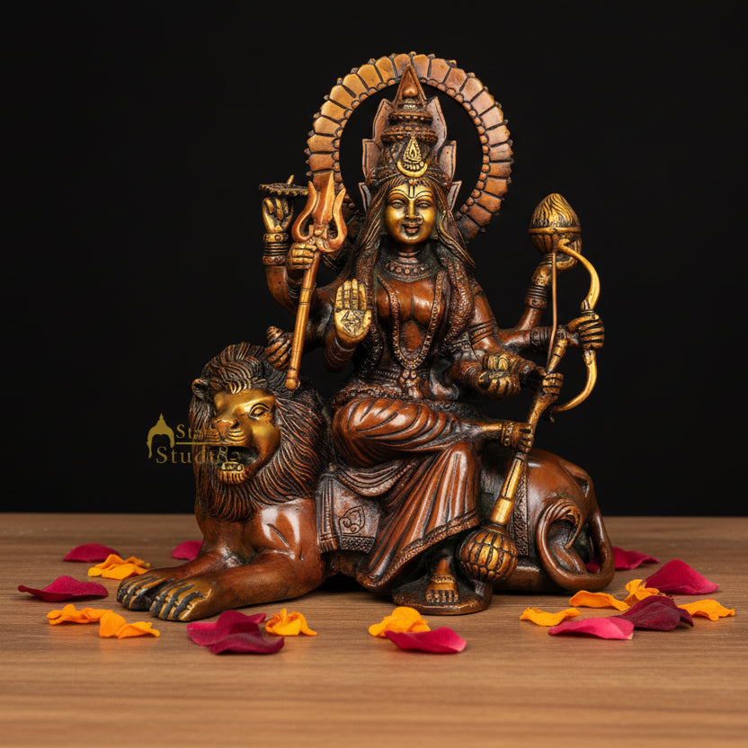 Brass Ashtabhuja Simhavahini Durga Idol Seated on Lion 12 Inch ...