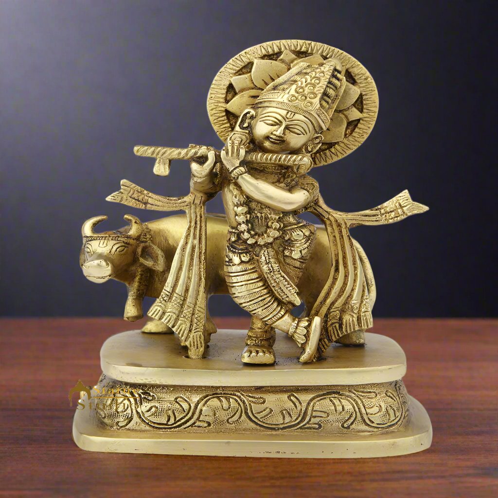 Lord Krishna With Cow Brass Shri Krishna Idol With Cow Kishan Bhagwan