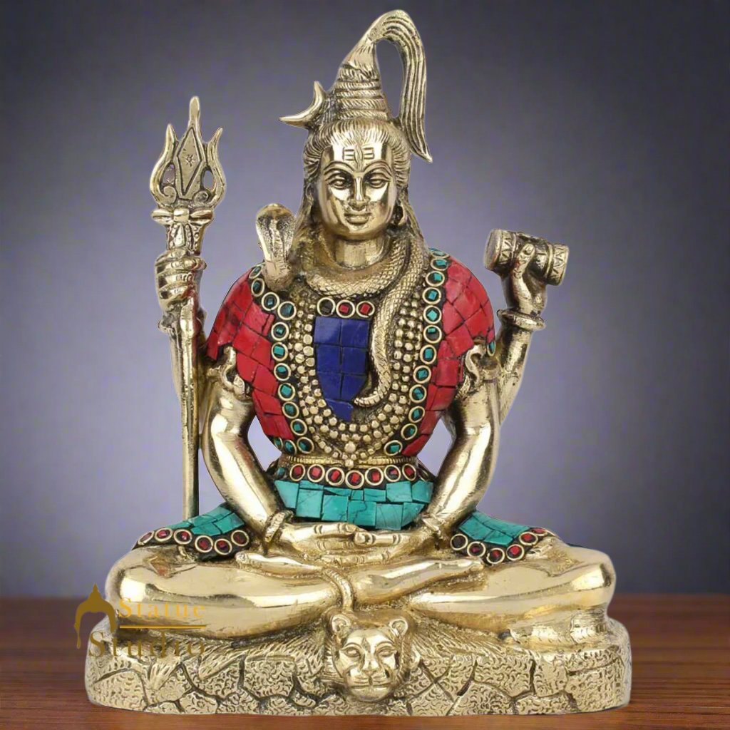 Brass Lord Meditating Shiva Statue With Stone Work 9 Inches – StatueStudio
